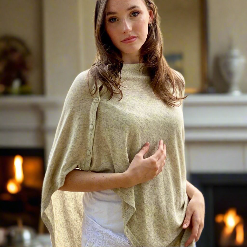Natural Cream Cashmere Button Poncho | Signature Cashmere